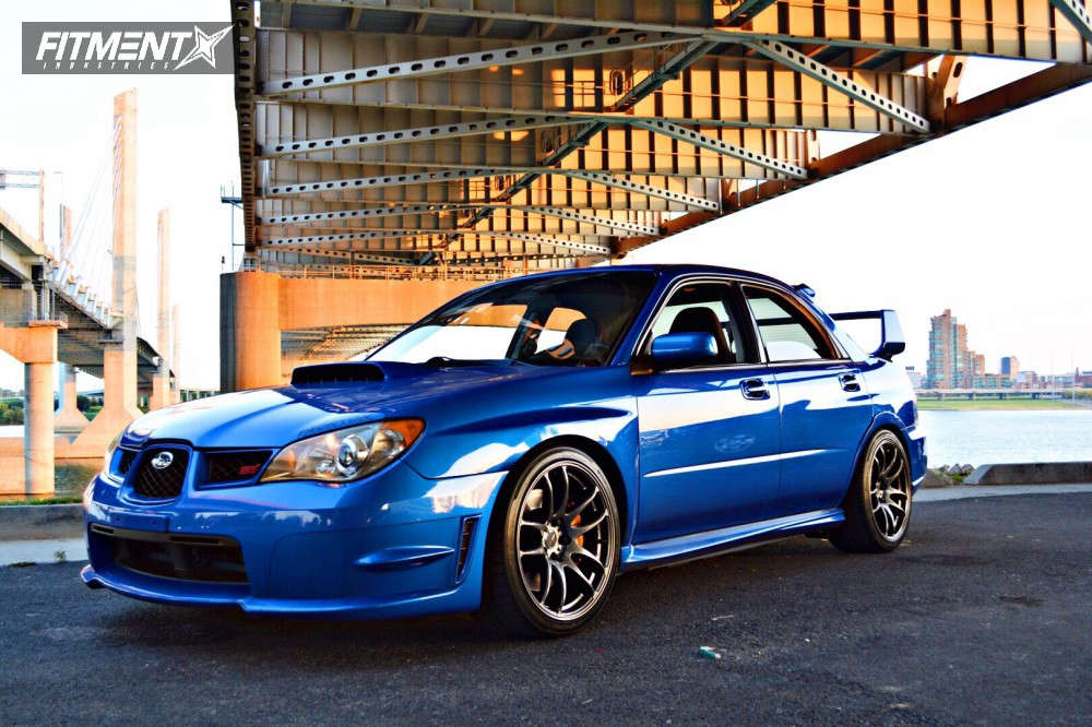 2006 Subaru WRX STI with 18x10.5 Work Emotion Cr 2p and Hankook 255x35 on Coilovers 458739 Fitment Industries